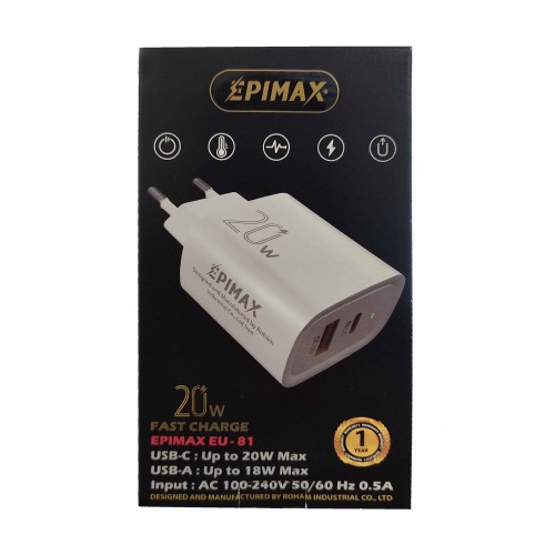 مشخصات، قیمت و خرید سرشارژر EPIMAX فست شارژ 20 وات مدل EU-81 | سیپاس